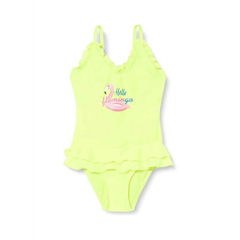 Maillot de bain 1 pièce fille uni Jaune fluo volant | Tailles 2 à 8 ans ...